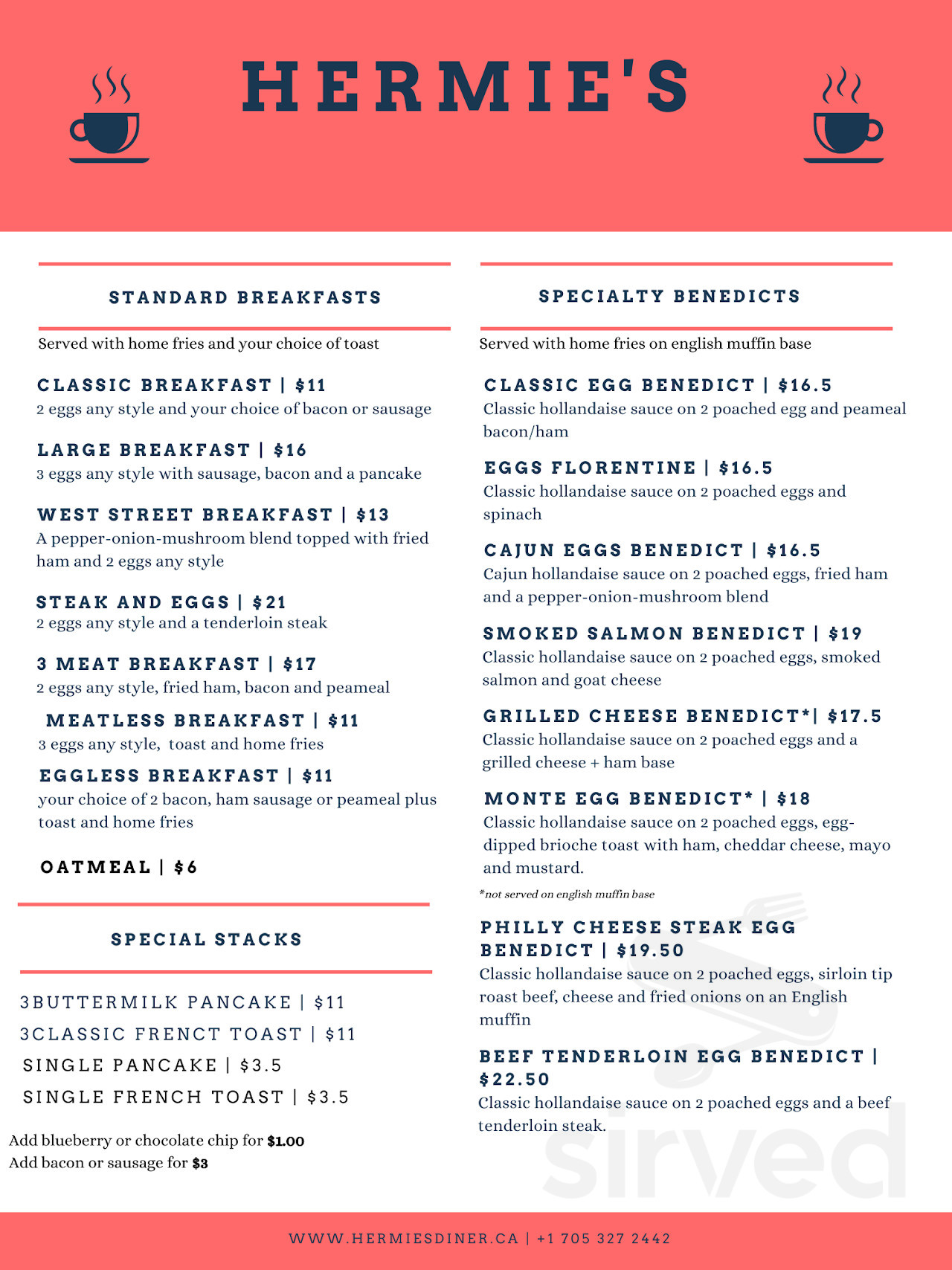 Hermie’s Diner menus in Orillia, Ontario, Canada