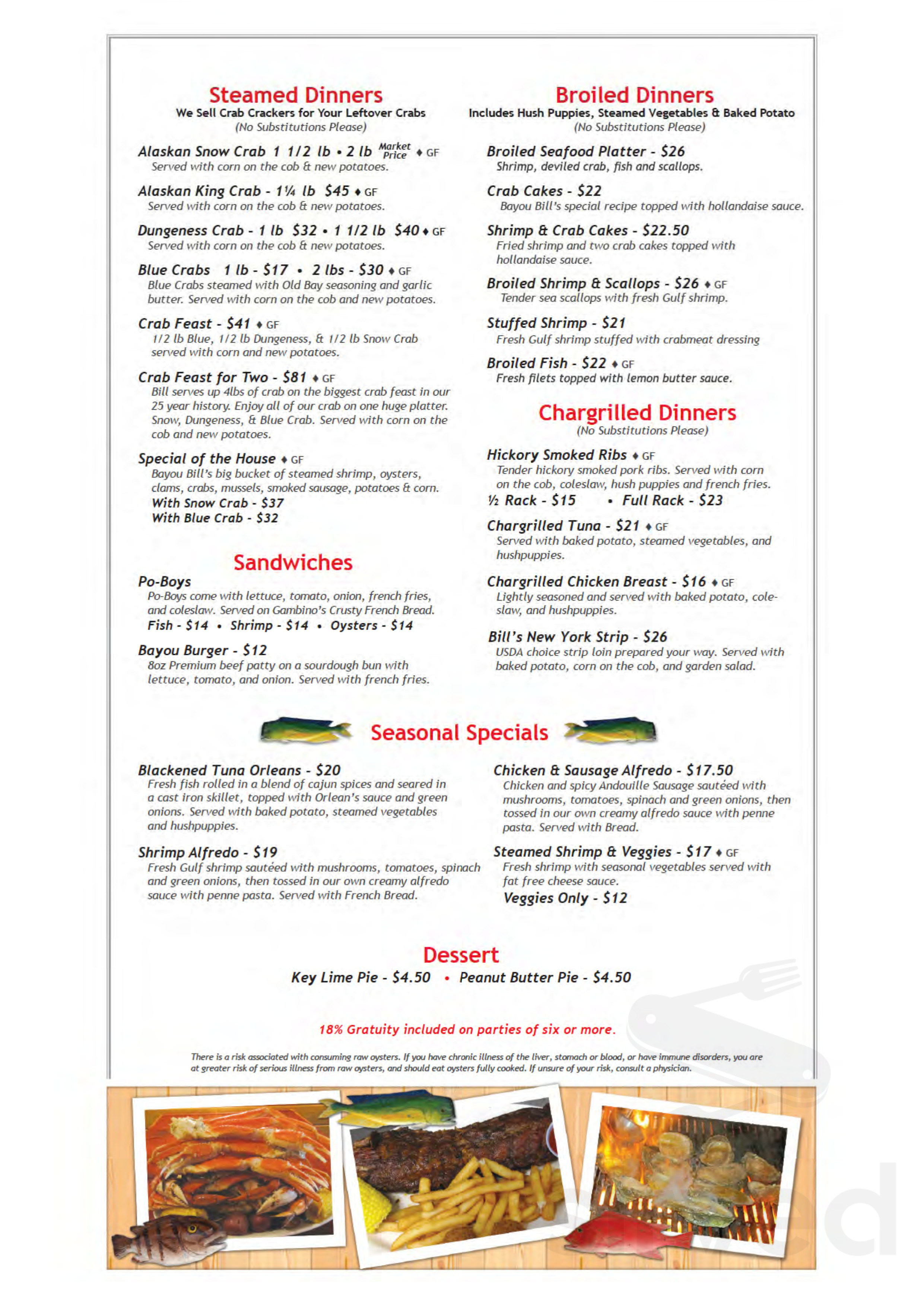 Menu - Panama City Beach FL's Bayou Bill's Crab House | Sirved