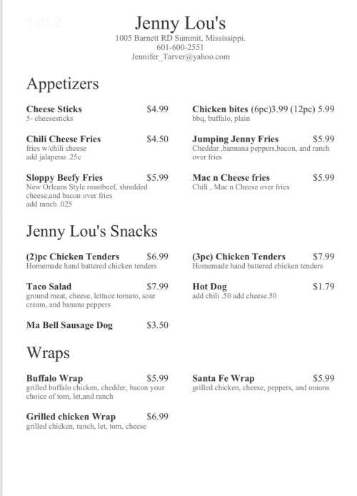 Jenny Lou's menu in Summit, Mississippi, USA