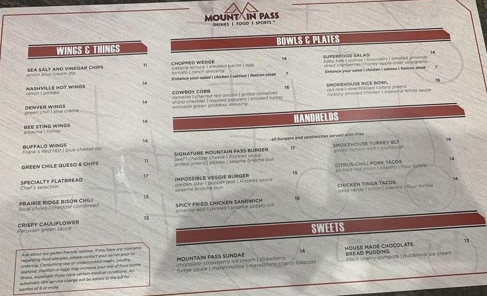 Mountain Pass Sports Bar menus in Aurora, Colorado, United States