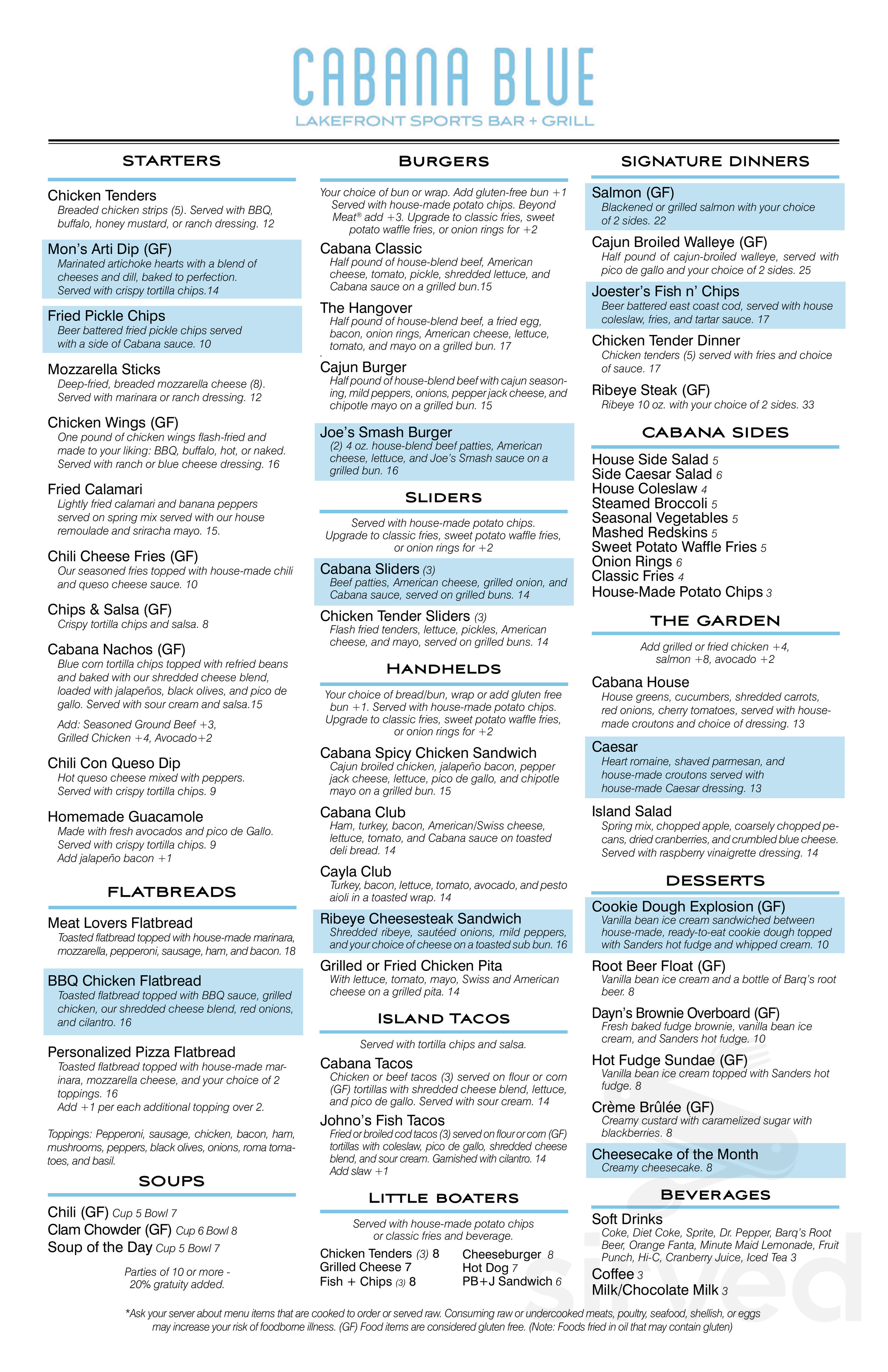 Menu for Cabana Blue Lakefront Sports Bar & Grill in Clay Township, MI ...