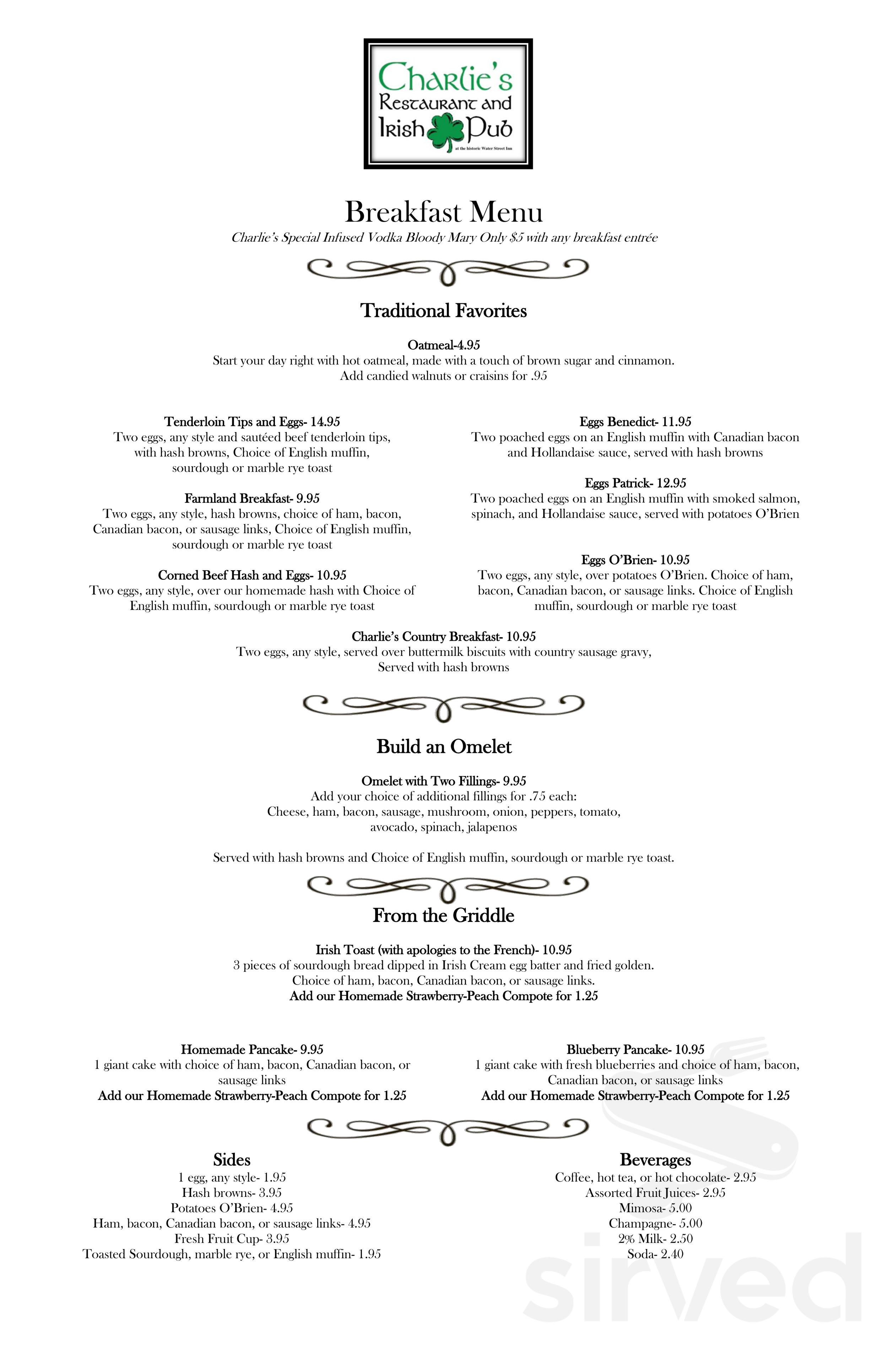 Menu for Charlie's Irish pub in Stillwater, MN | Sirved