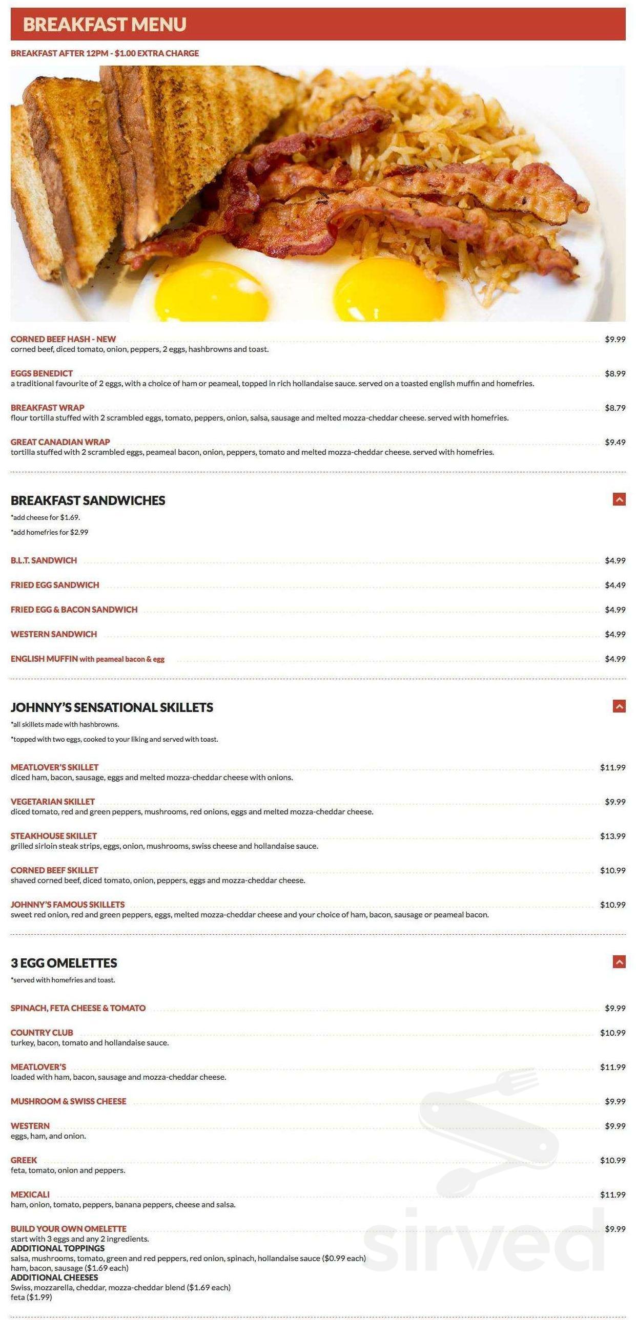 Johnny's Restaurant menus in Aylmer, Ontario, Canada