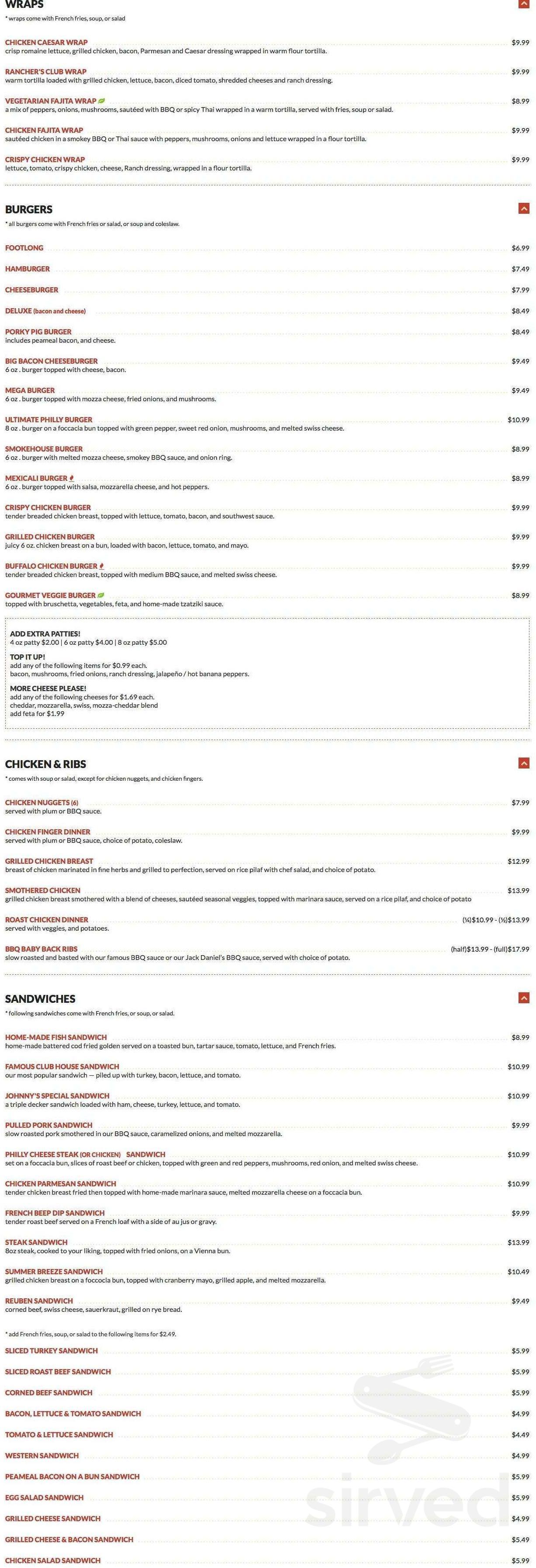 Johnny's Restaurant menu in Aylmer, Ontario, Canada