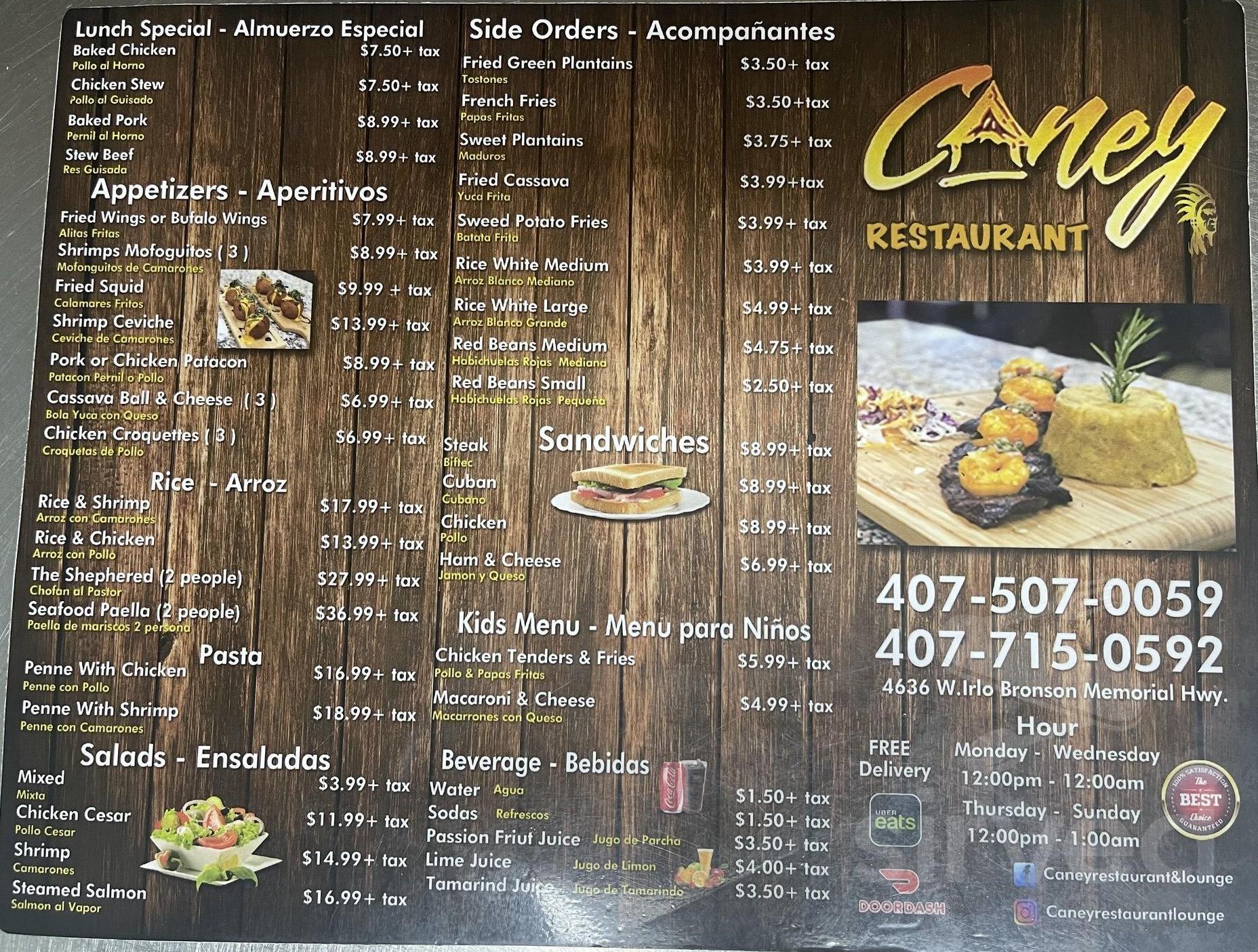 Caney Restaurant & Lounge menu in Kissimmee, Florida, USA
