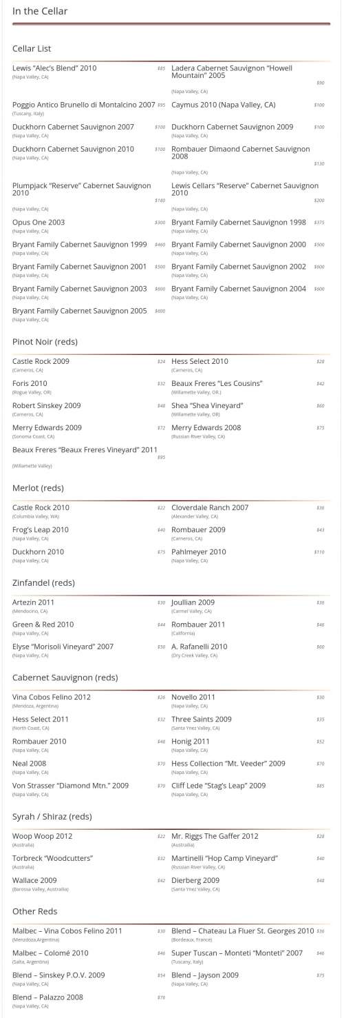 Grand Cru menu in Columbia, Missouri, USA