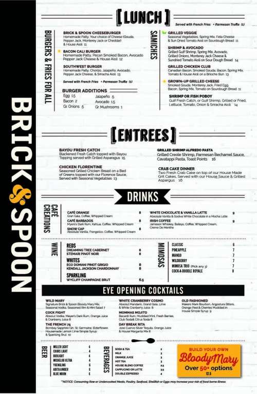 Brick & Spoon menu in Friendswood, Texas, USA