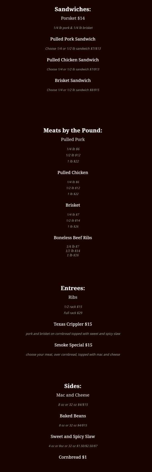 Up in Smoke BBQ and Catering, Inc. menu in Harrisburg, Pennsylvania, USA