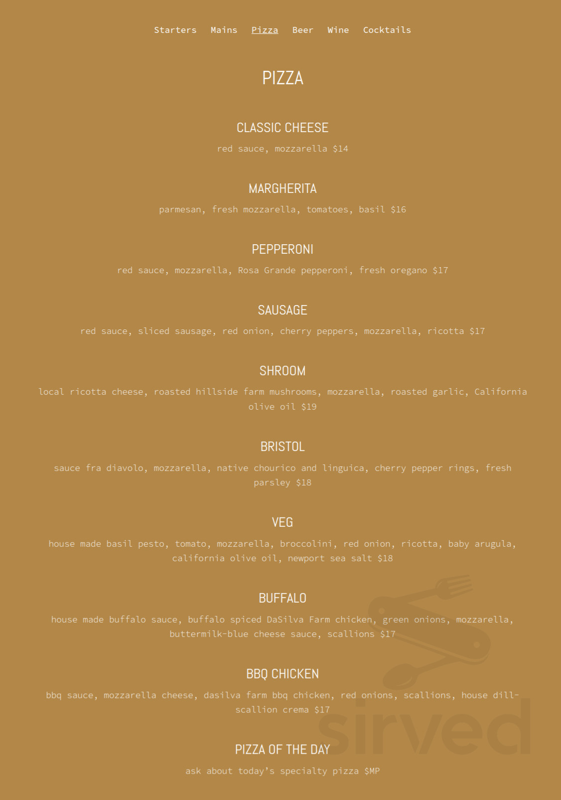 Brick Pizza Co. menu in Bristol, Rhode Island, USA