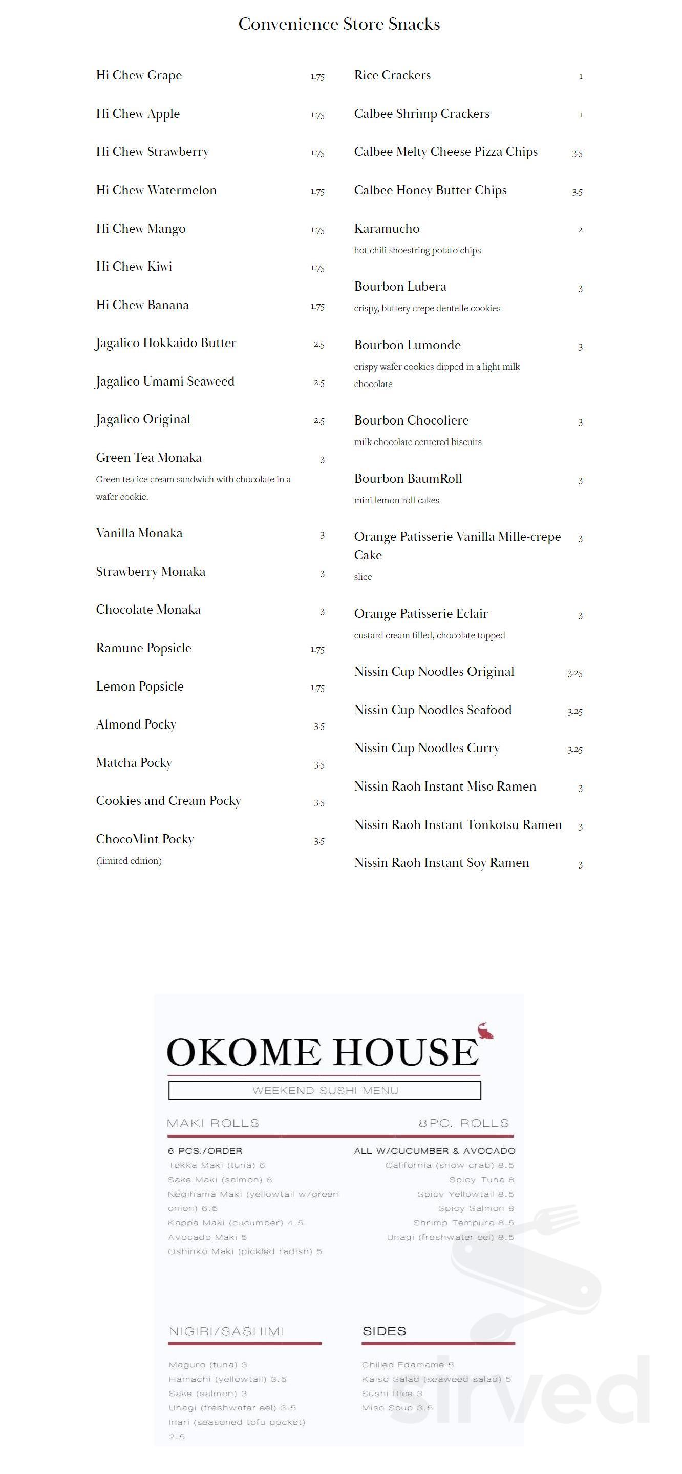 Okome House menu in Minneapolis, Minnesota, USA
