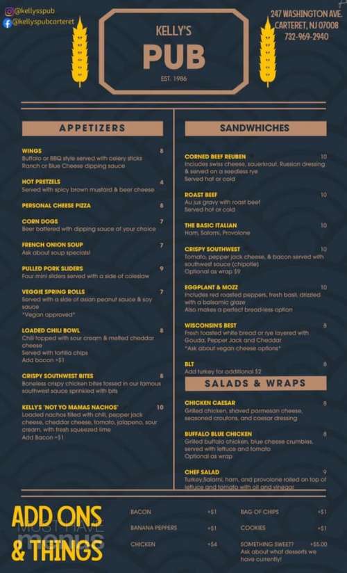 Kelly's Pub Inc menu in Carteret, New Jersey, USA