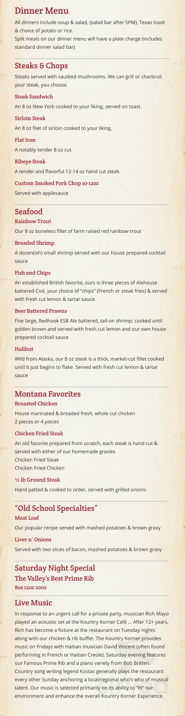 Kountry Korner Café menu in Bozeman, Montana, USA