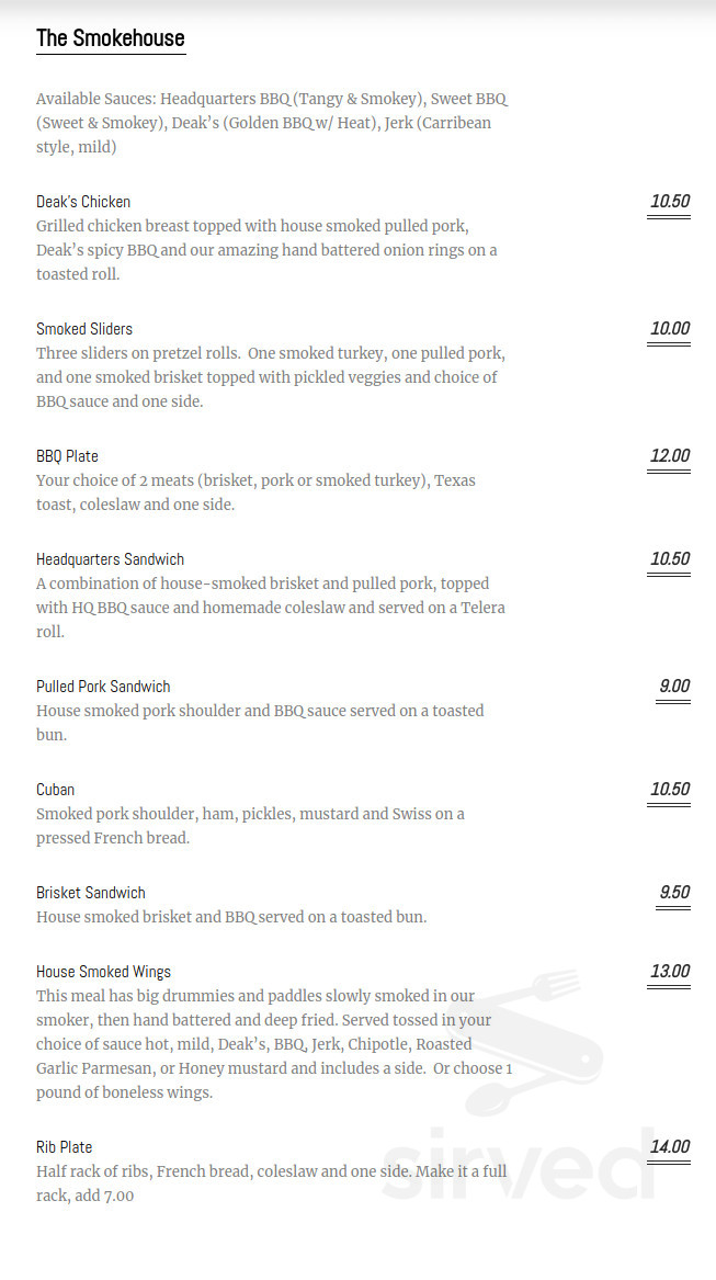 Headquarters Bar & Grill menu in Oregon, Wisconsin, USA