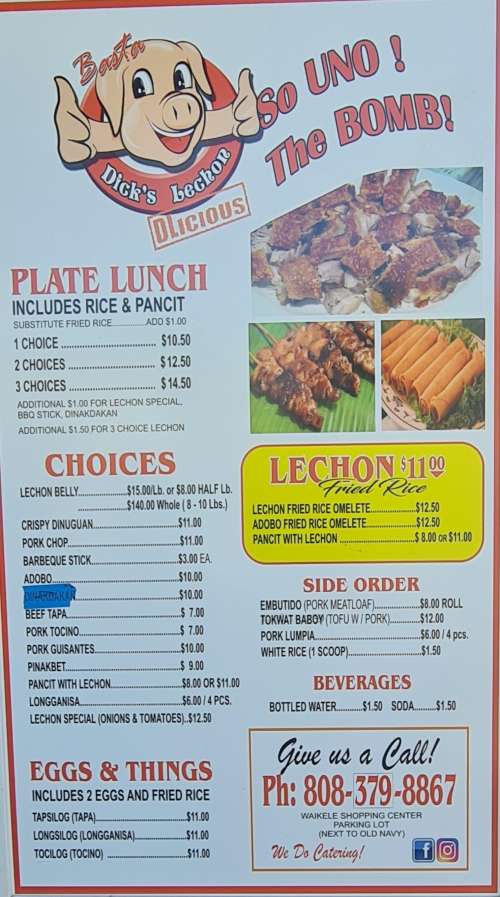 Dick's Lechon menu in Waipahu, Hawaii, USA