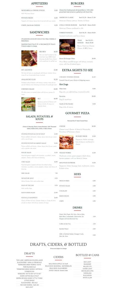 Mountain Edge Grill menu in Gatlinburg, Tennessee, USA