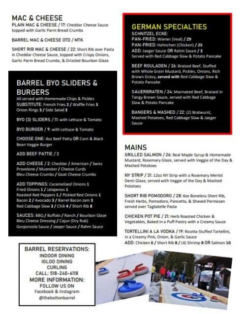 The Barrel menu in Bolton Landing, New York, USA
