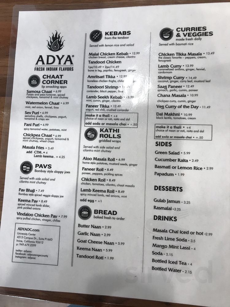 ADYA menu in Anaheim, California, USA