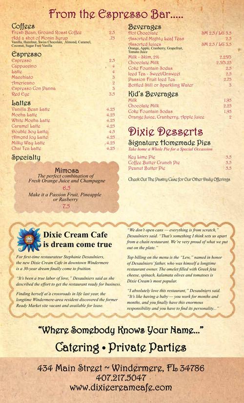 Dixie Cream Cafe menu in Windermere, Florida, USA