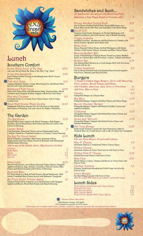 Dixie Cream Cafe menu in Windermere, Florida, USA