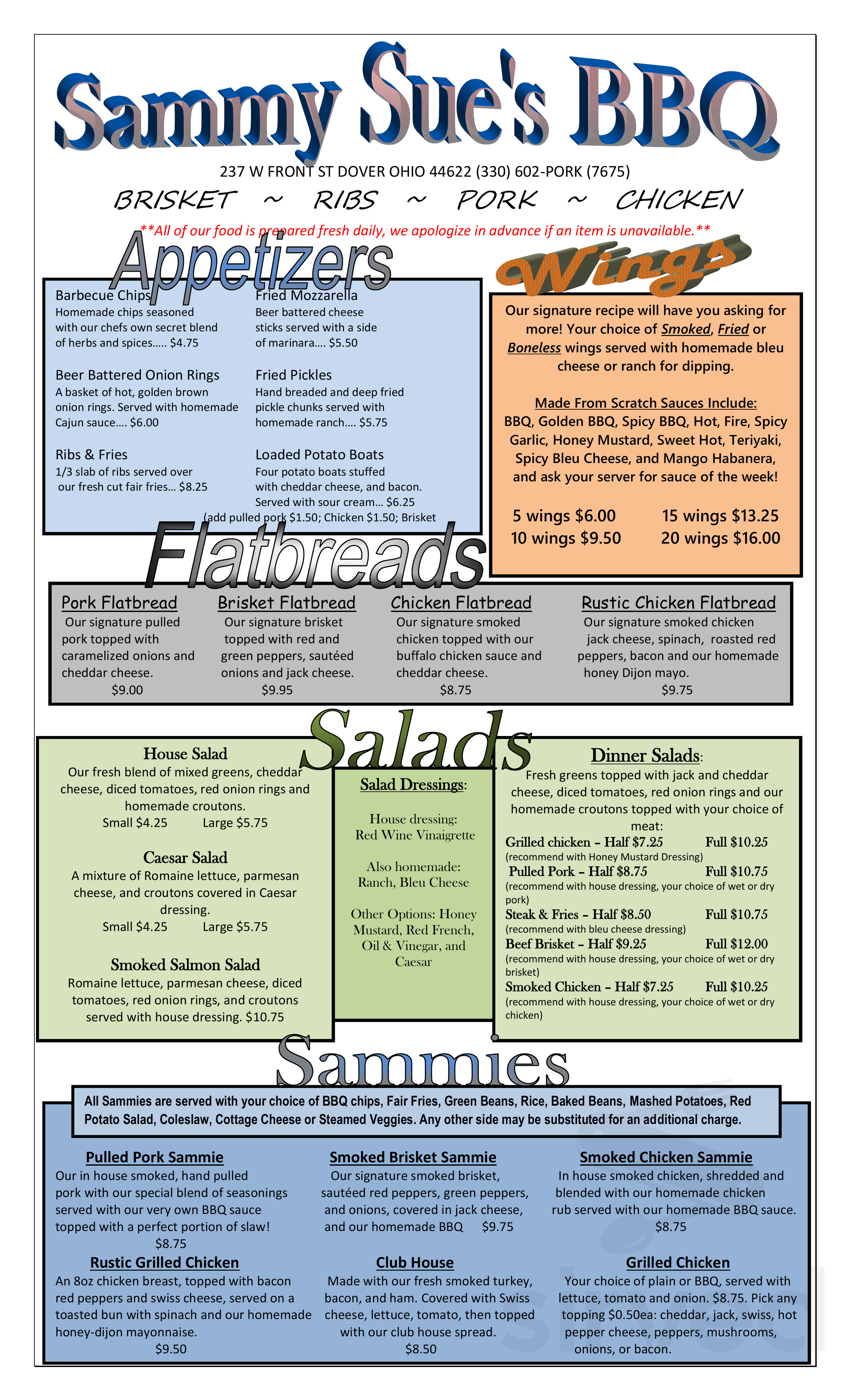 Menu - Dover OH's Sammy Sue's BBQ | Sirved