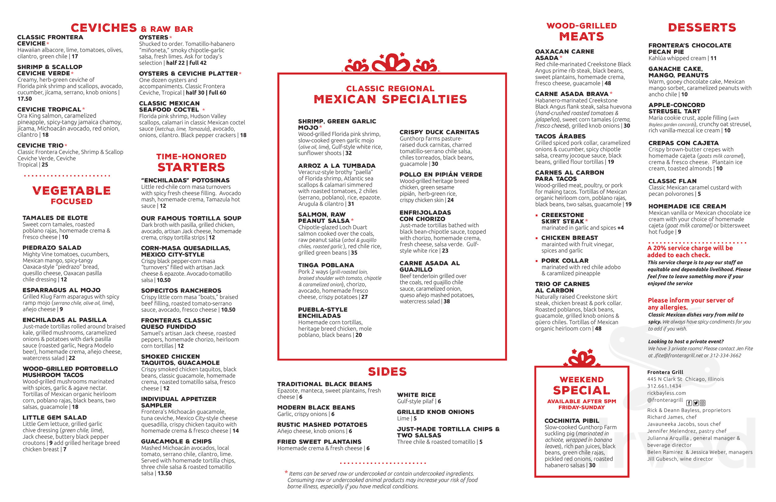 Frontera Grill menu in Chicago, Illinois, USA