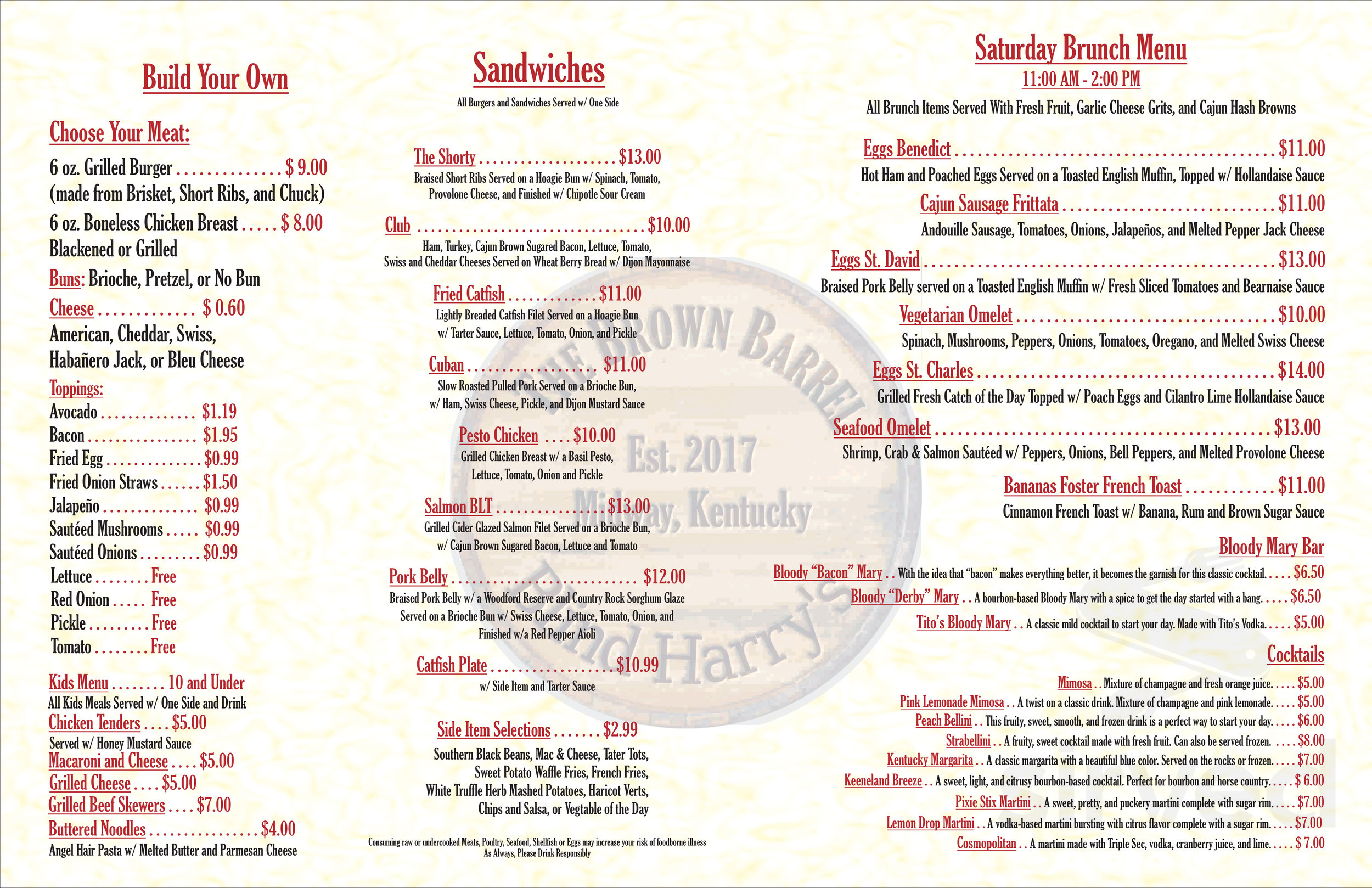 The Brown Barrel & Blind Harry's menus in Midway, Kentucky, United States