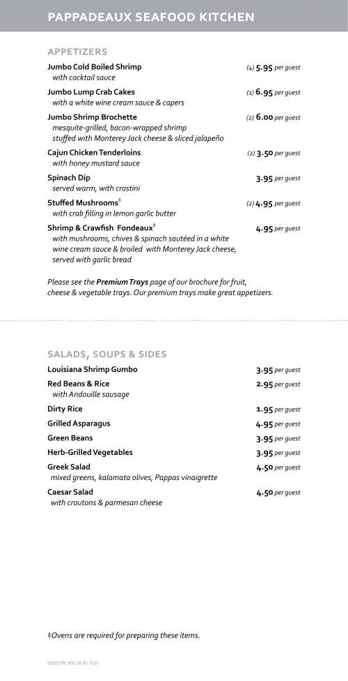 Pappas Catering menu in Houston, Texas, USA