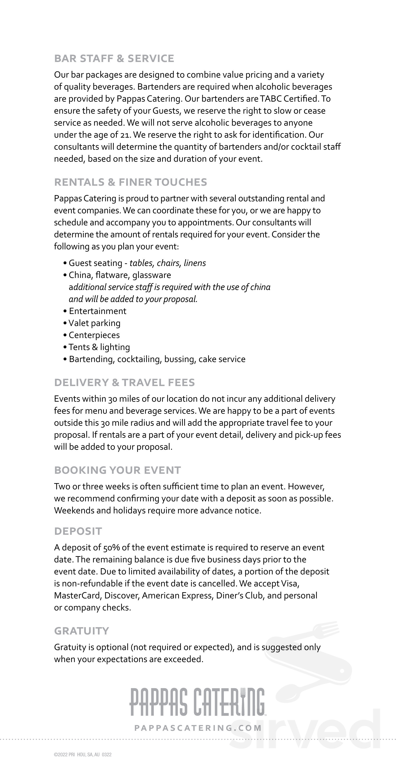 Pappas Catering menu in Houston, Texas, USA