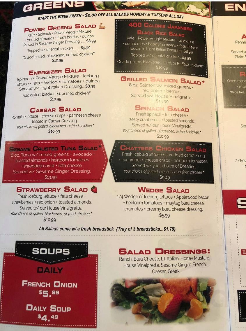 Chatters menu in Pittsburg, Kansas, USA