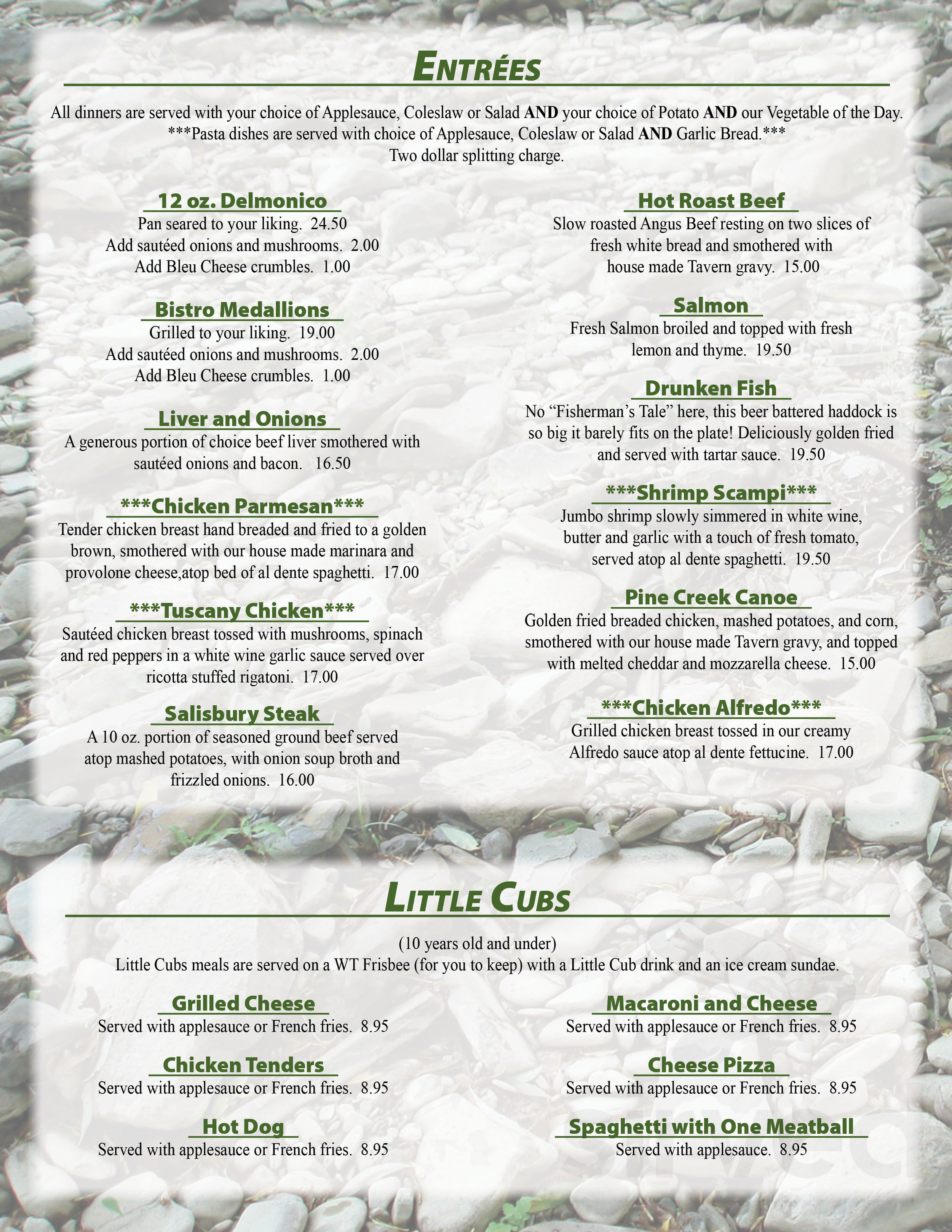 Waterville Tavern menu in Waterville, Pennsylvania, USA