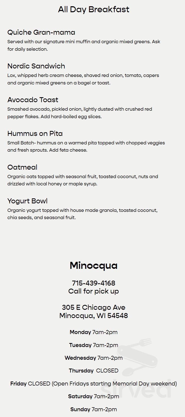 Menu - Minocqua WI's Cafe Sonder | Sirved