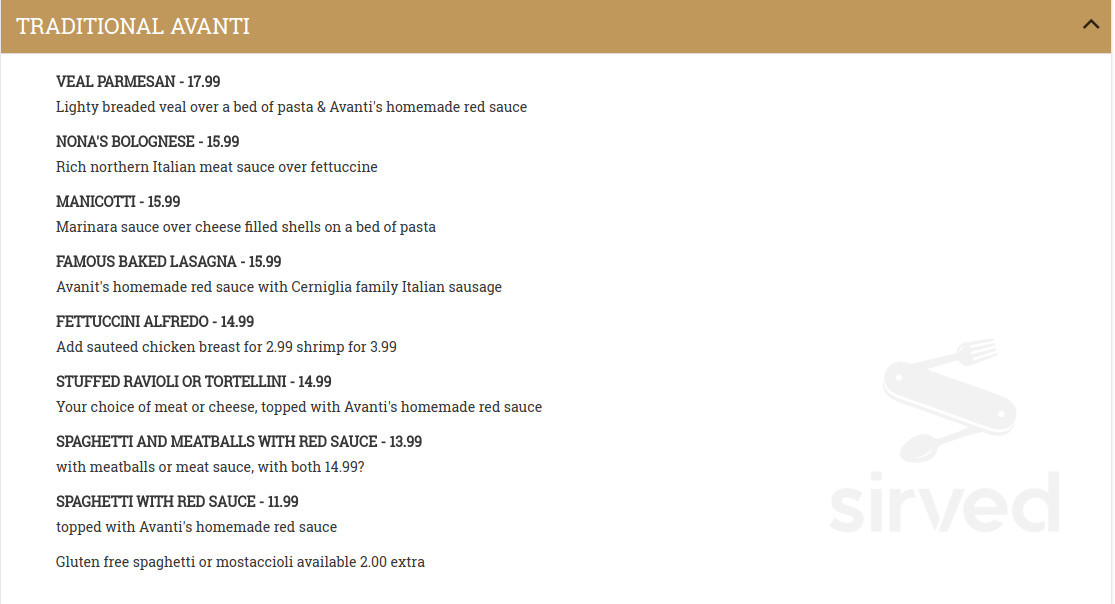 Avantis Italian Restaurant & Pub menu in Verona, Wisconsin, USA