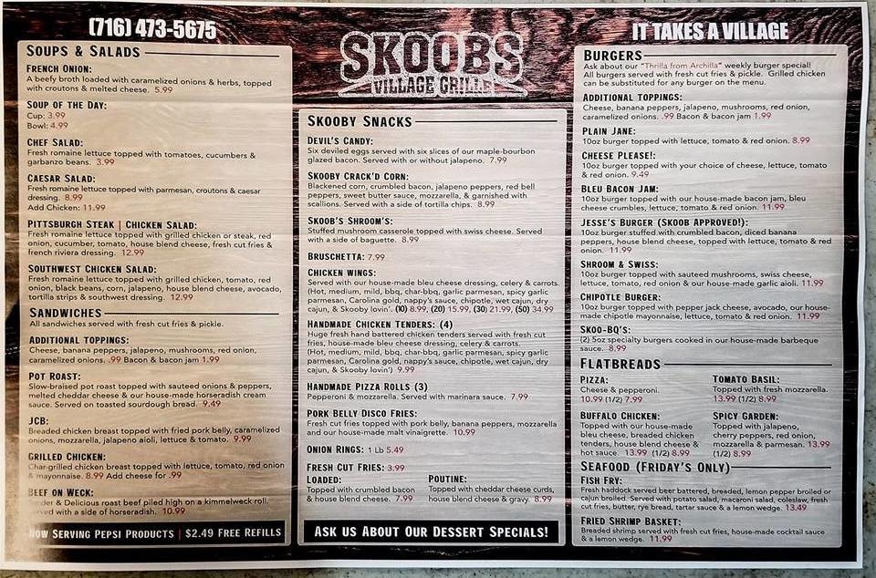 Skoob's Village Grille menu in Lancaster, New York, USA