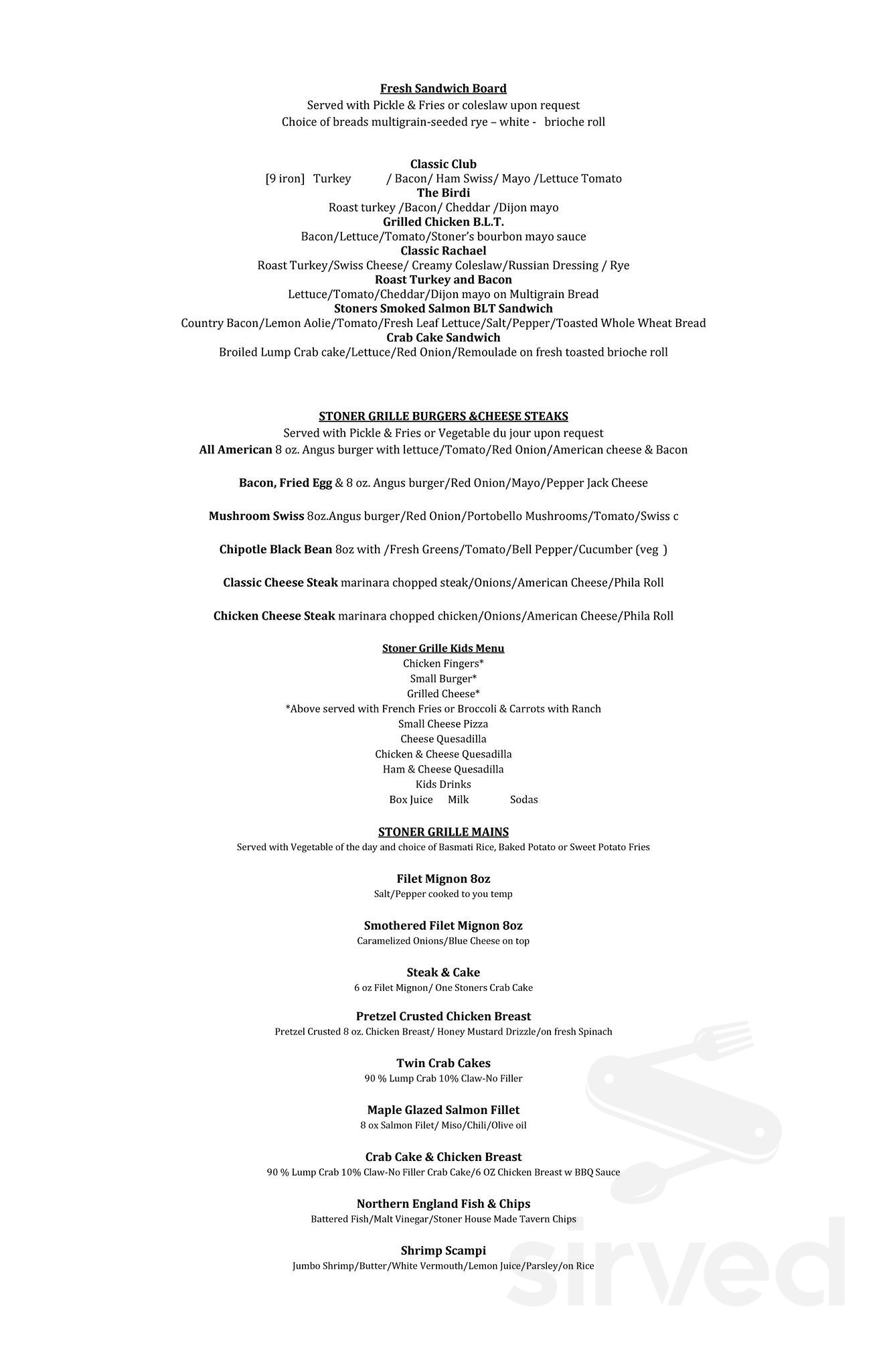 Menu for Stoner Grille in Lancaster, PA | Sirved