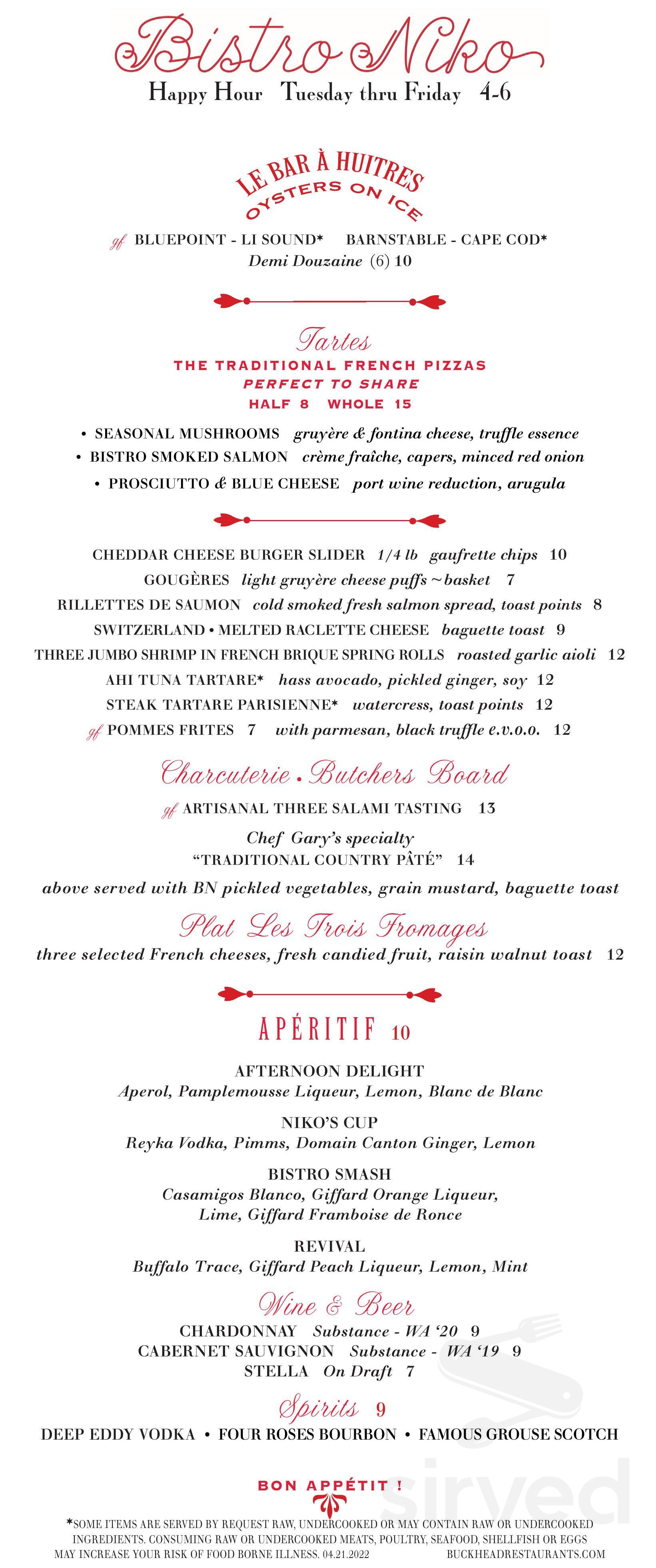 Bistro Niko menu in Atlanta, Georgia, USA