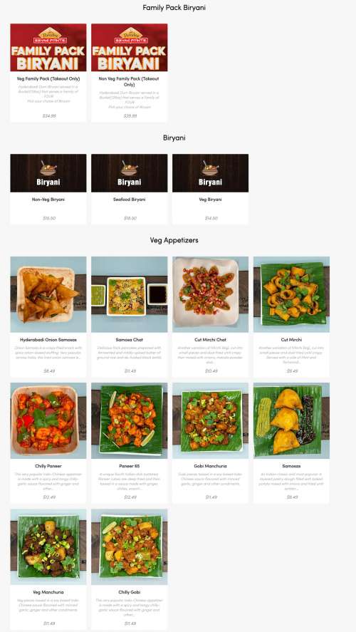 Paradise Biryani Pointe menu in Herndon, Virginia, USA