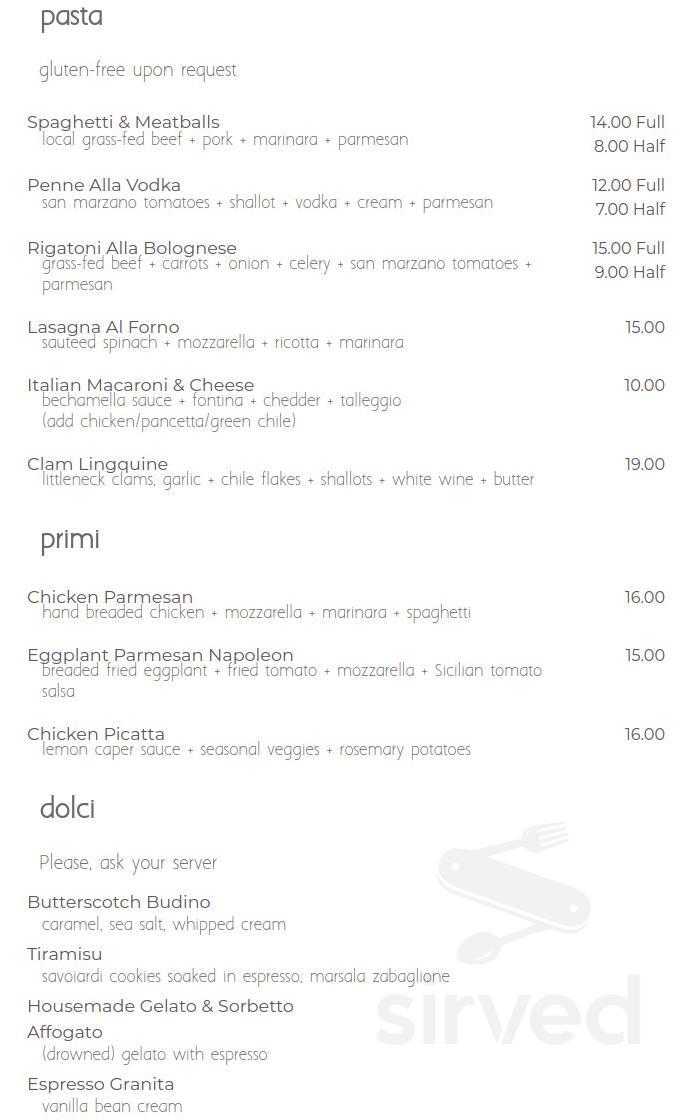 Menu - Albuquerque NM's Farina Alto Pizzeria & Wine Bar | Sirved