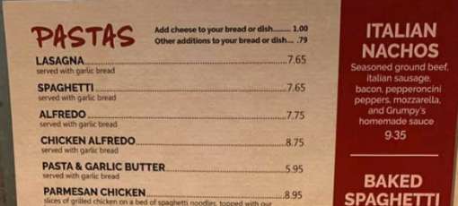 Menu for Grumpy's Italian Grill in Cullman, AL | Sirved
