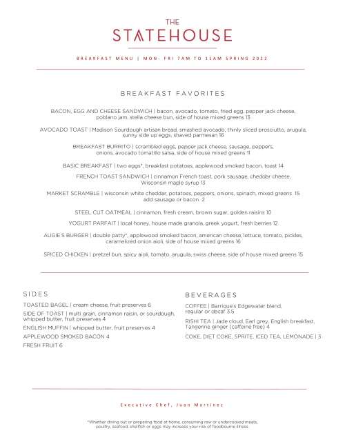 The Statehouse menu in Madison, Wisconsin, USA