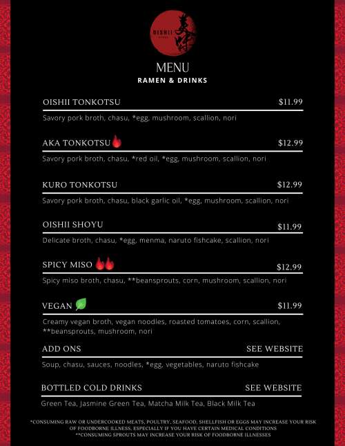 OISHII RAMEN menu in Des Moines, Iowa, USA