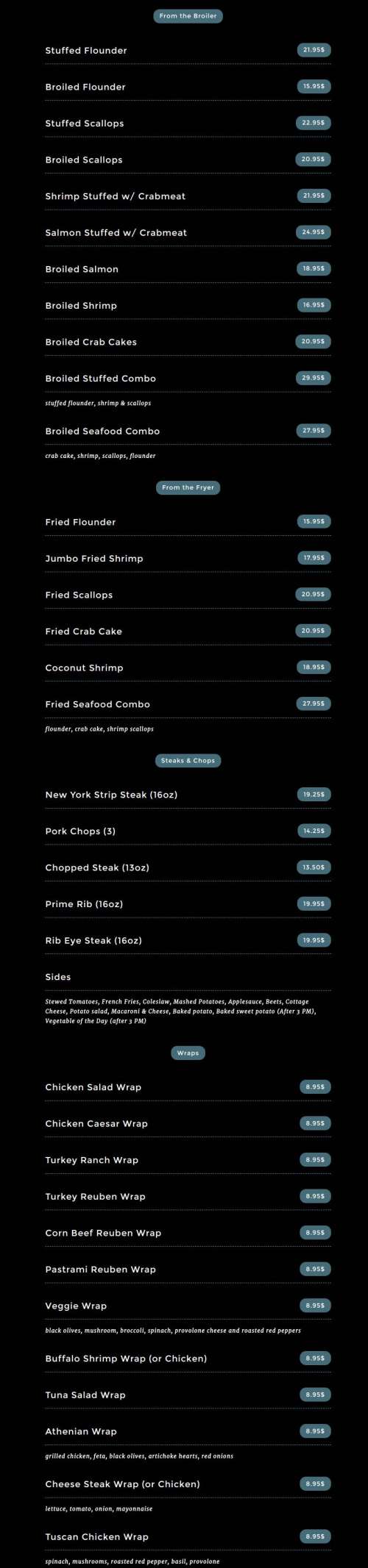 Ocean Grill Longneck menu in Millsboro, Delaware, USA