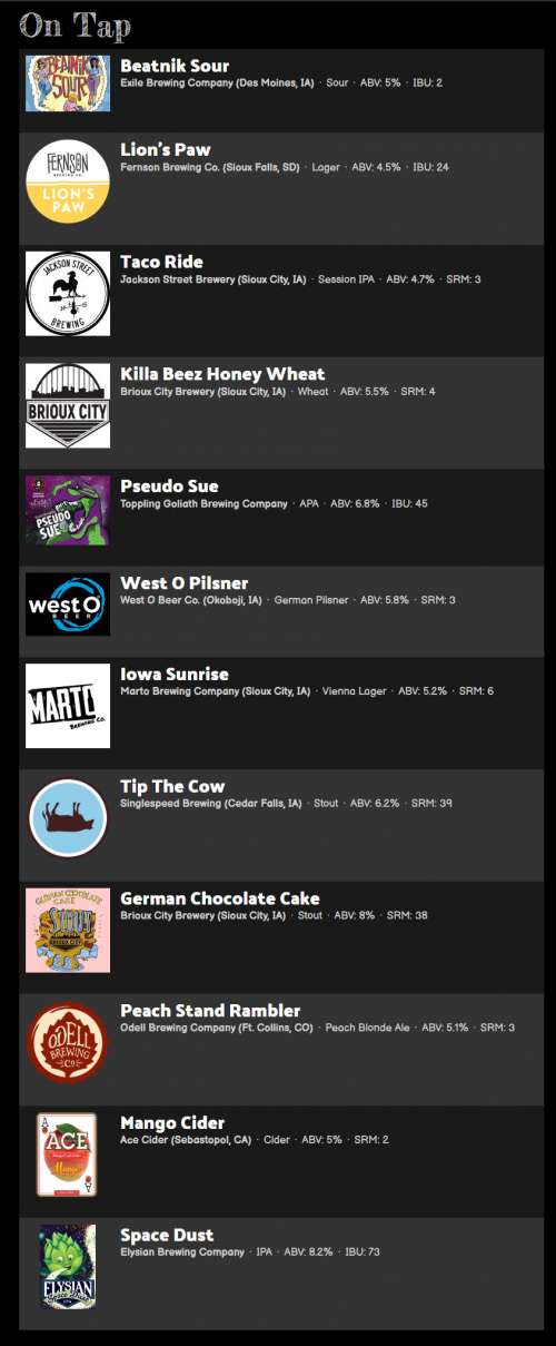 The Marquee menu in Sioux City, Iowa, USA