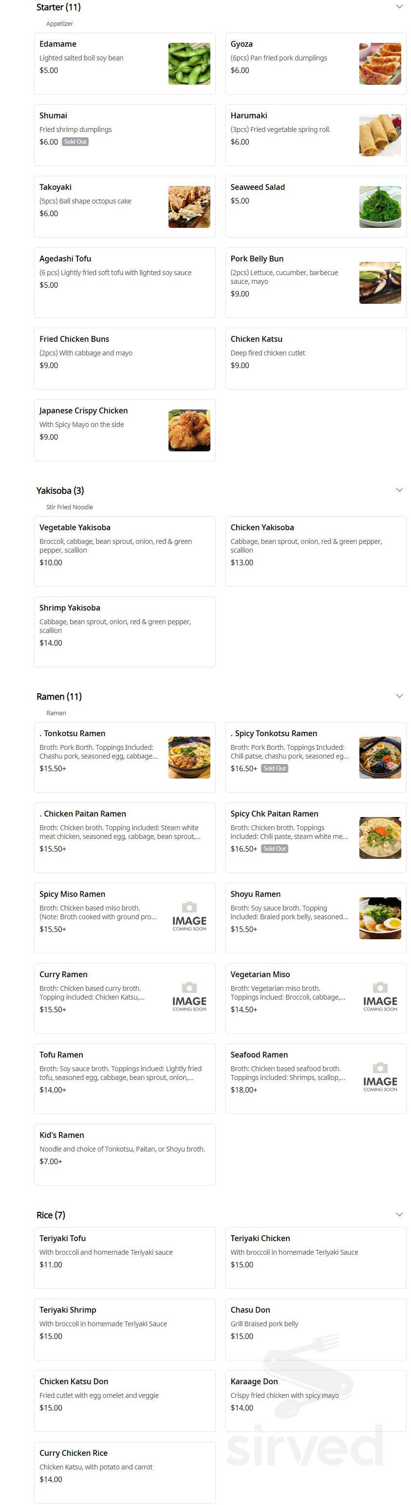 Menu for Sheng Ramen Ballantyne in Charlotte, North Carolina, United States