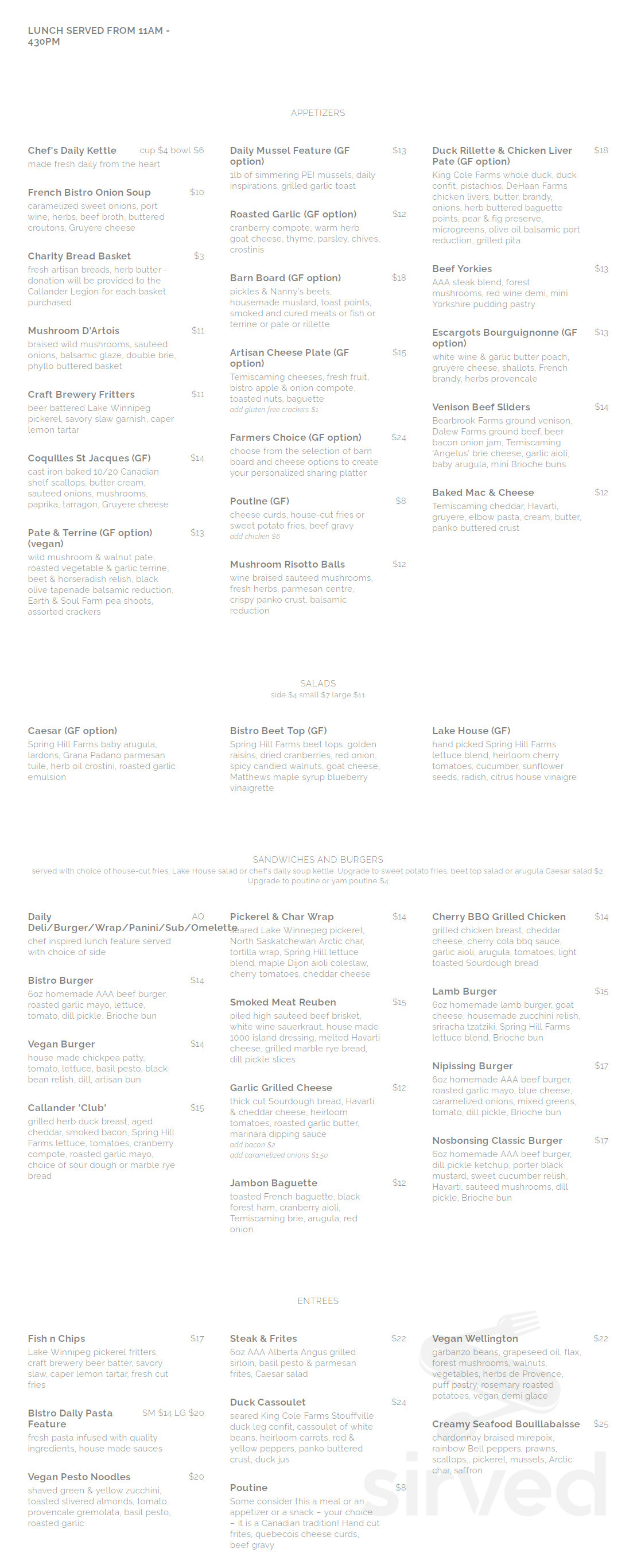 Menu - Callander ON's 1886 Lake House Bistro | Sirved