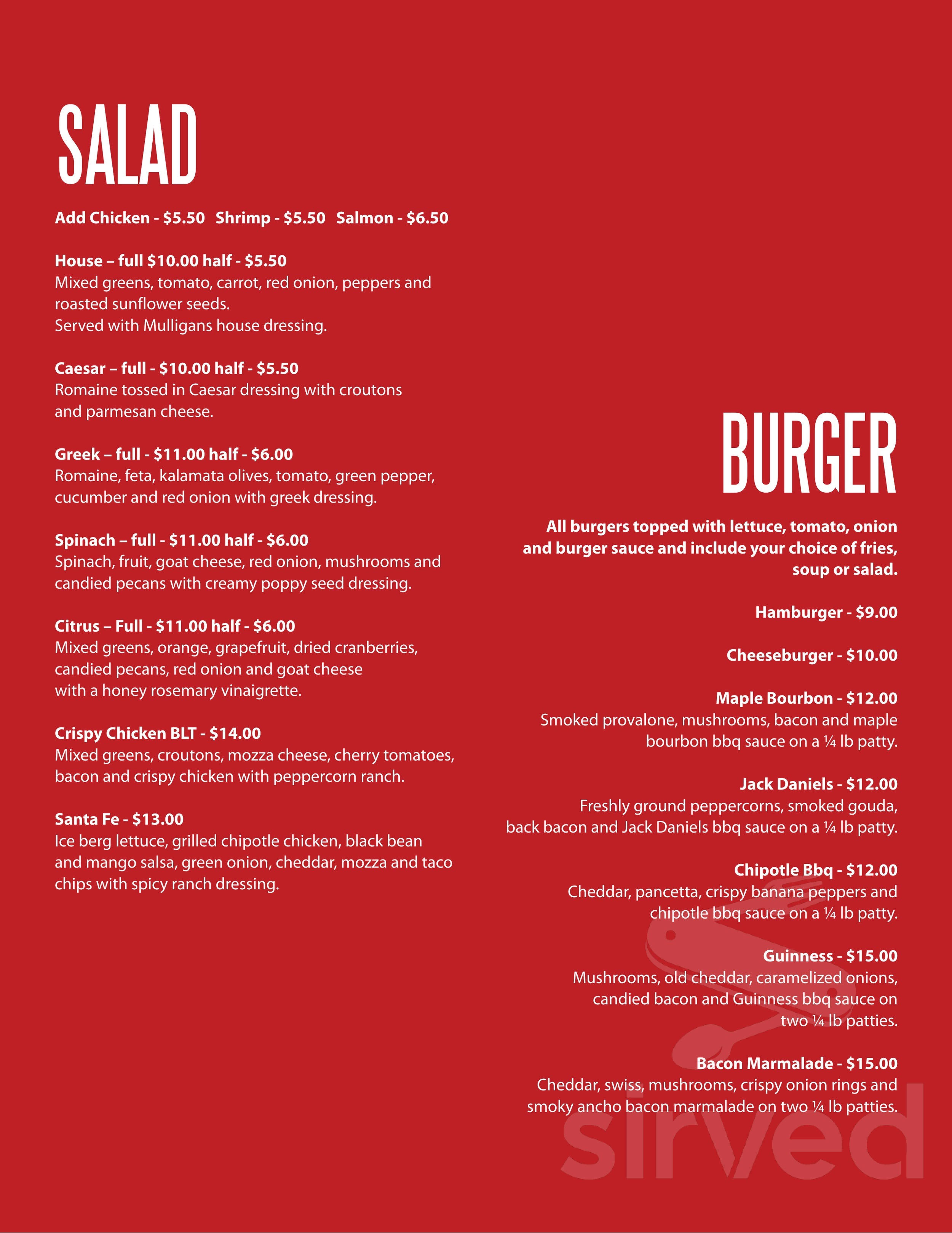 Mulligan's Restaurant & Lounge menu in Winkler, Manitoba, Canada