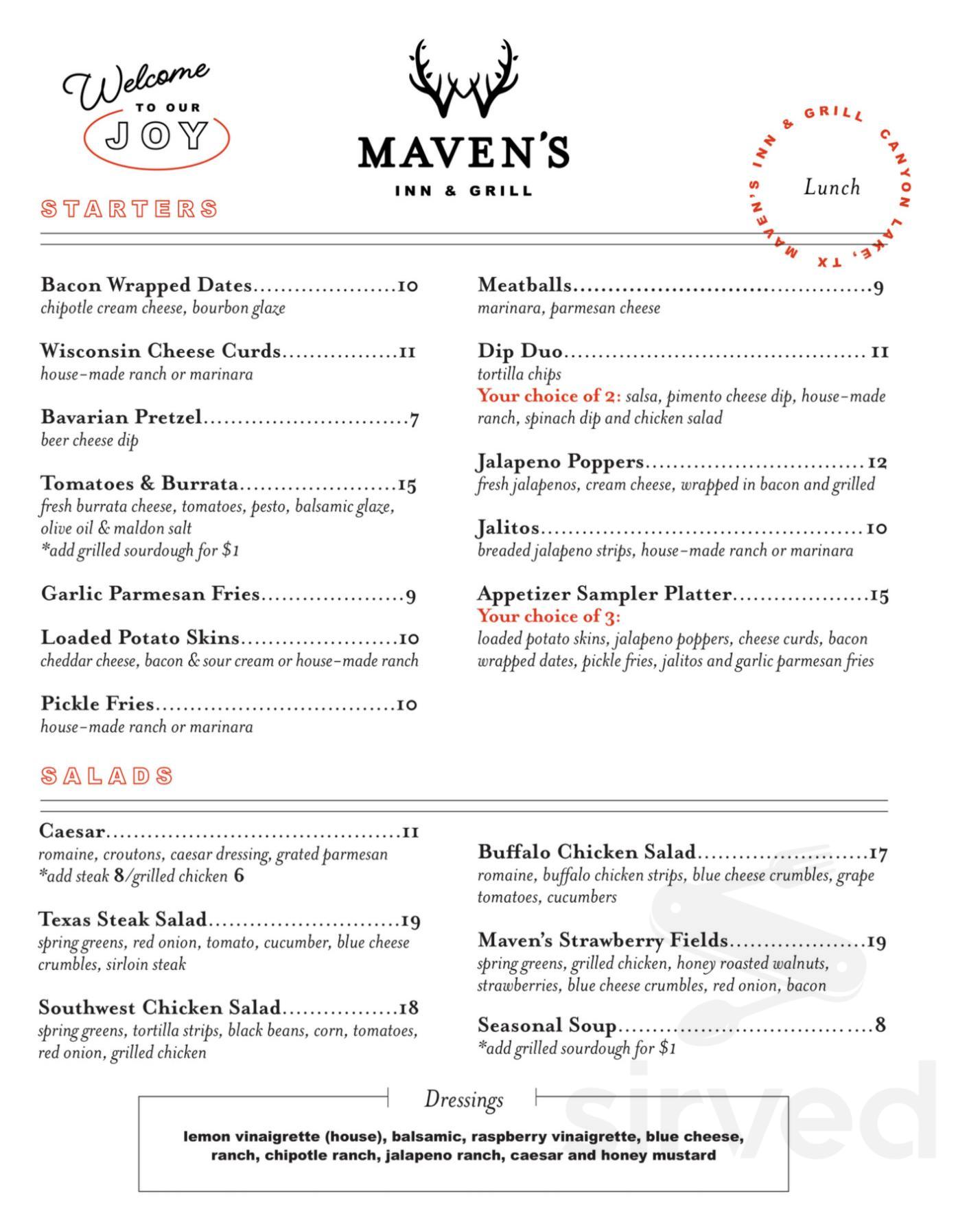 Maven's Inn & Grill menu in Canyon Lake, Texas, USA