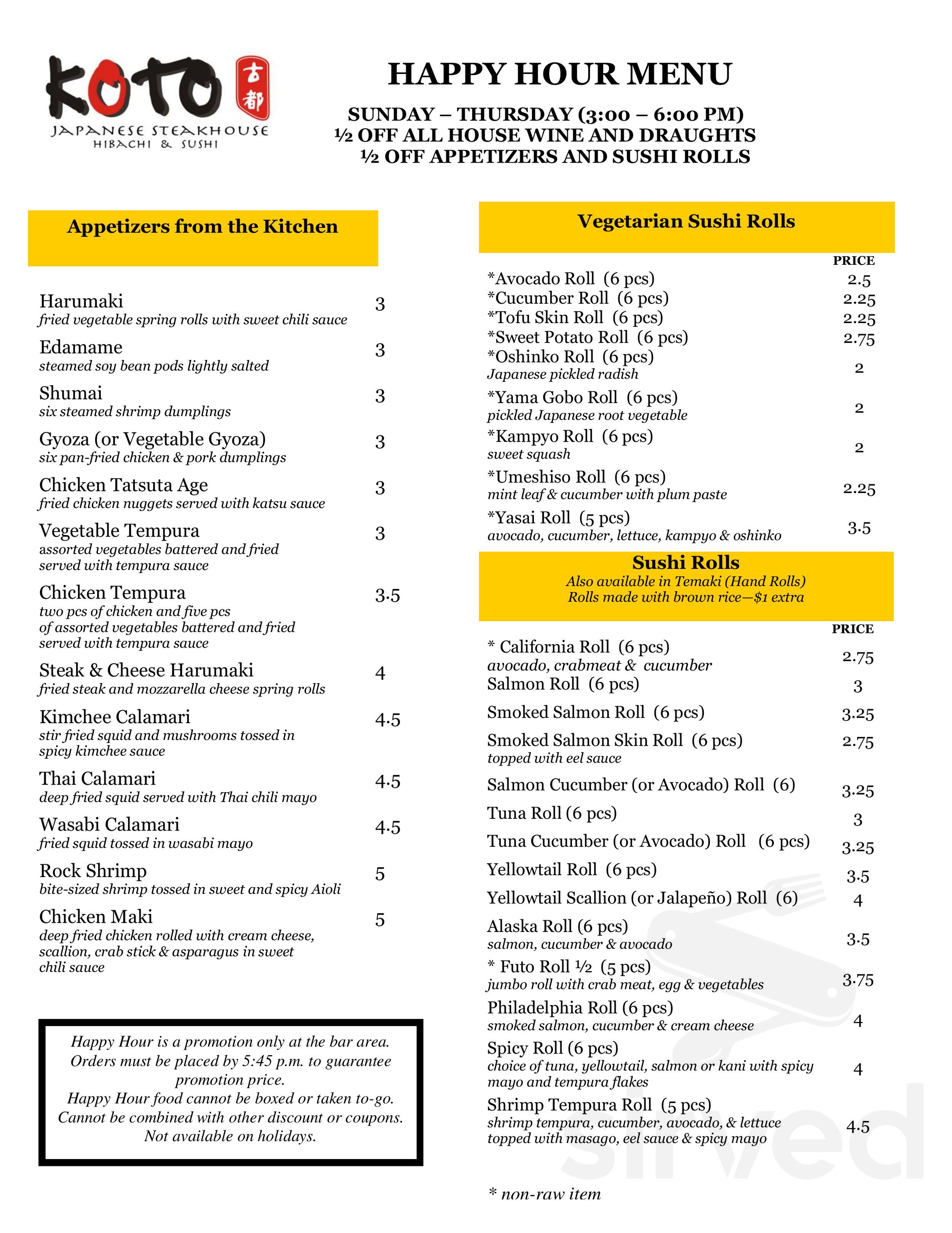 Koto Japanese Steakhouse & Sushi menu in Syracuse, New York, USA