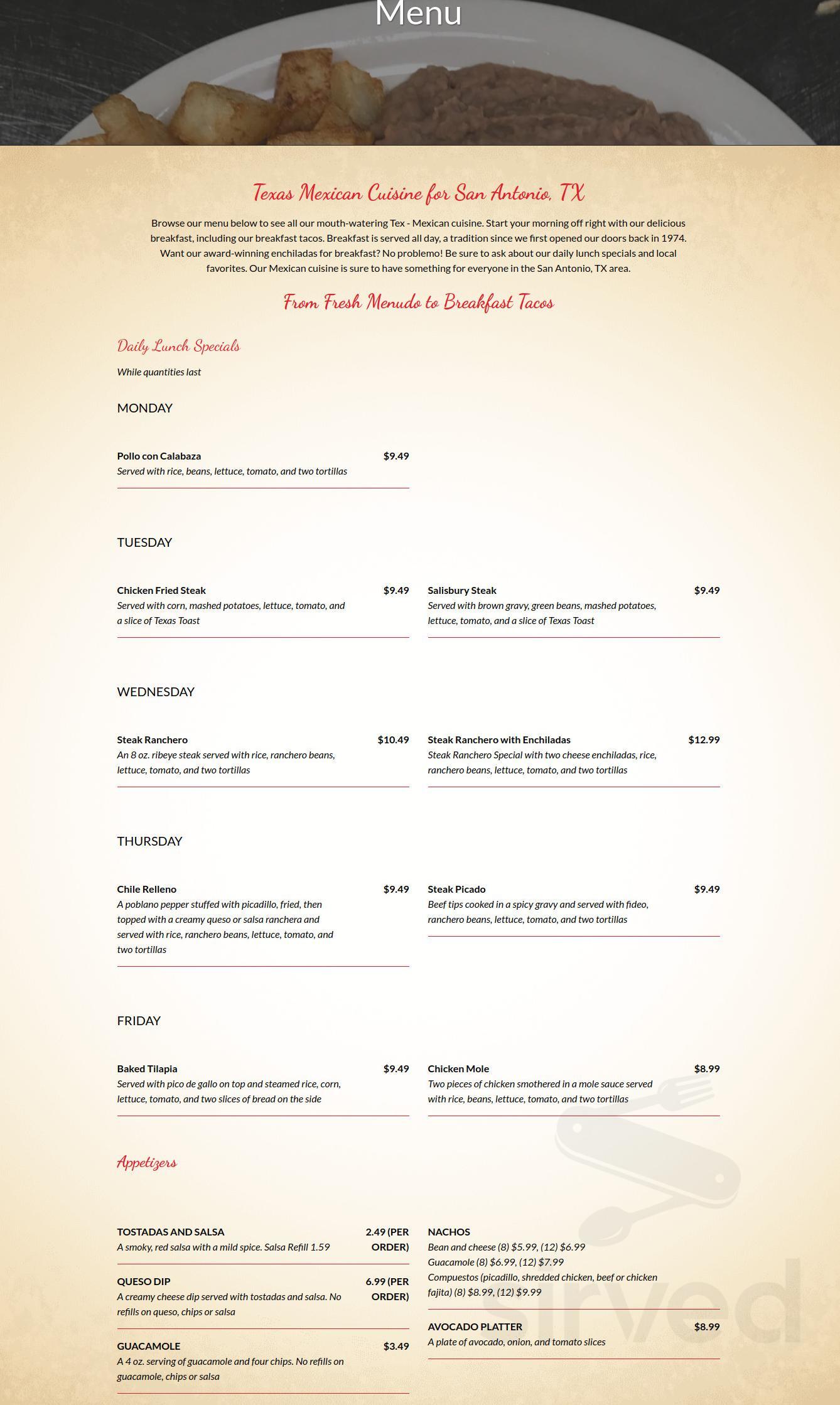 The Original Blanco Cafe menu in San Antonio, Texas, USA