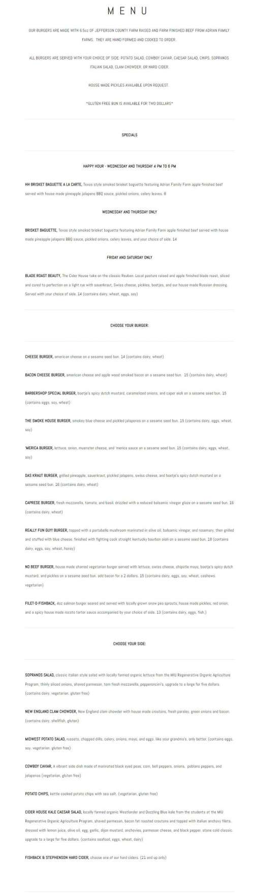 Fishback & Stephenson Cider House menu in Fairfield, Iowa, USA