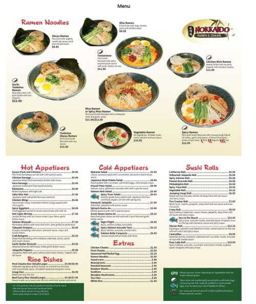 HOKKAIDO Ramen House menu in Greenwood, Indiana, USA